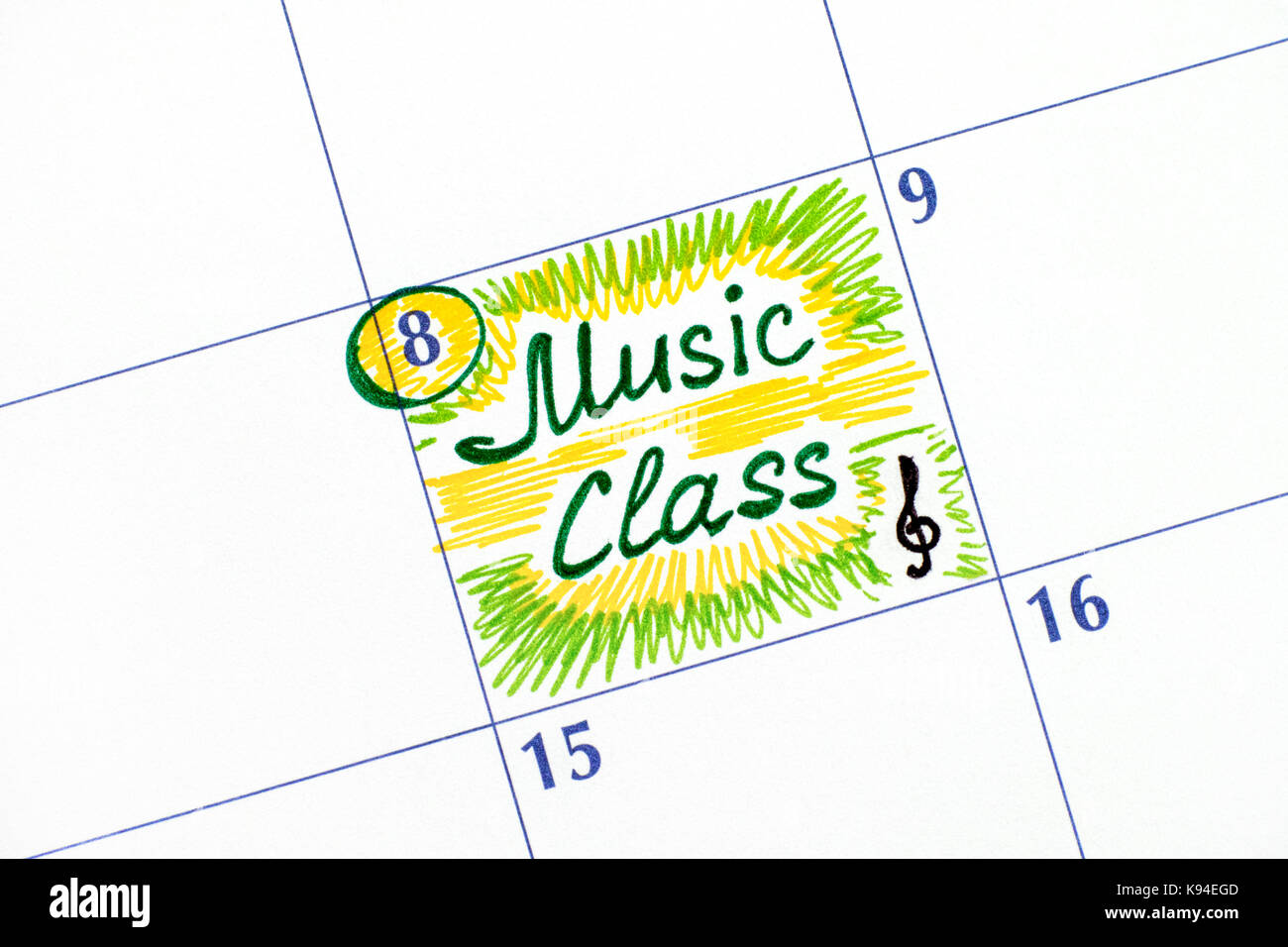 Reminder Music Class in calendar. Close-up Stock Photo - Alamy