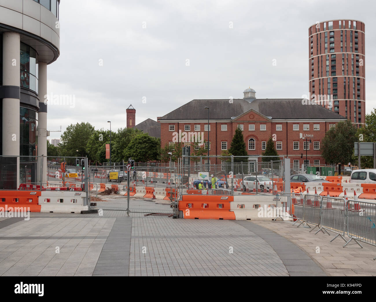 Road works implementing wind baffles around Bridgewater Place, Leeds ...