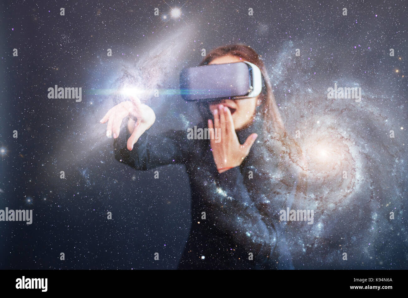 Young beautiful girl gets positive emotions using virtual reality ...