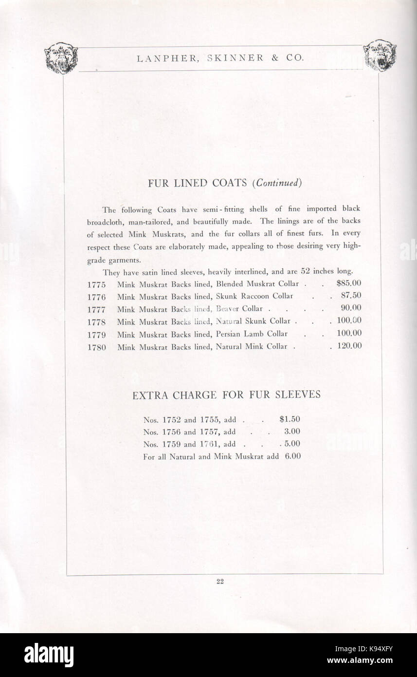 Lanpher Furs Season of 1910 Lanpher, Skinner & Co Saint Paul 22 Stock ...