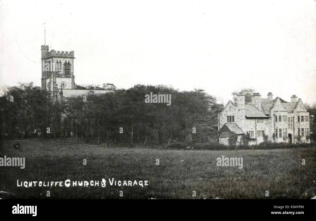 Lightcliffe Church and Vicarage 1907 postcard Stock Photo - Alamy