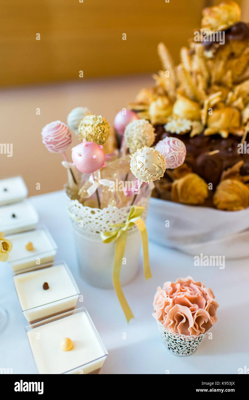 Elegant and luxurious event arrangement with colorful pastries Stock ...