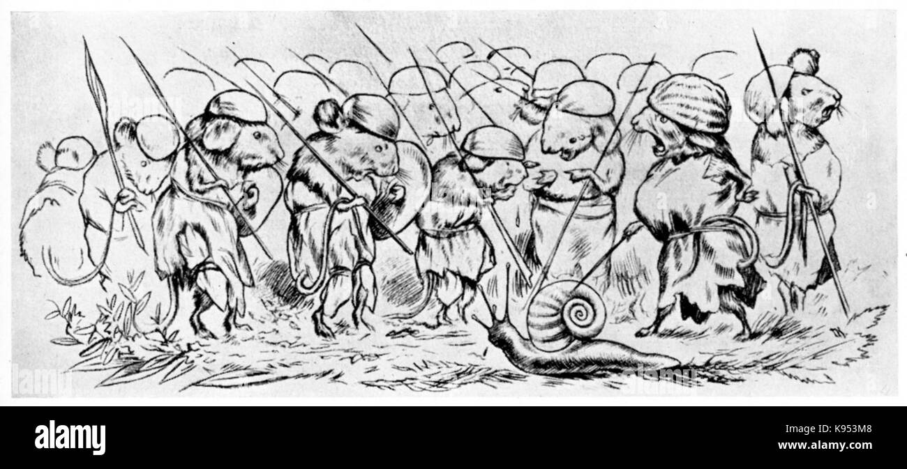 A 1885 illustration depicting the fictional war between frogs and mice ...