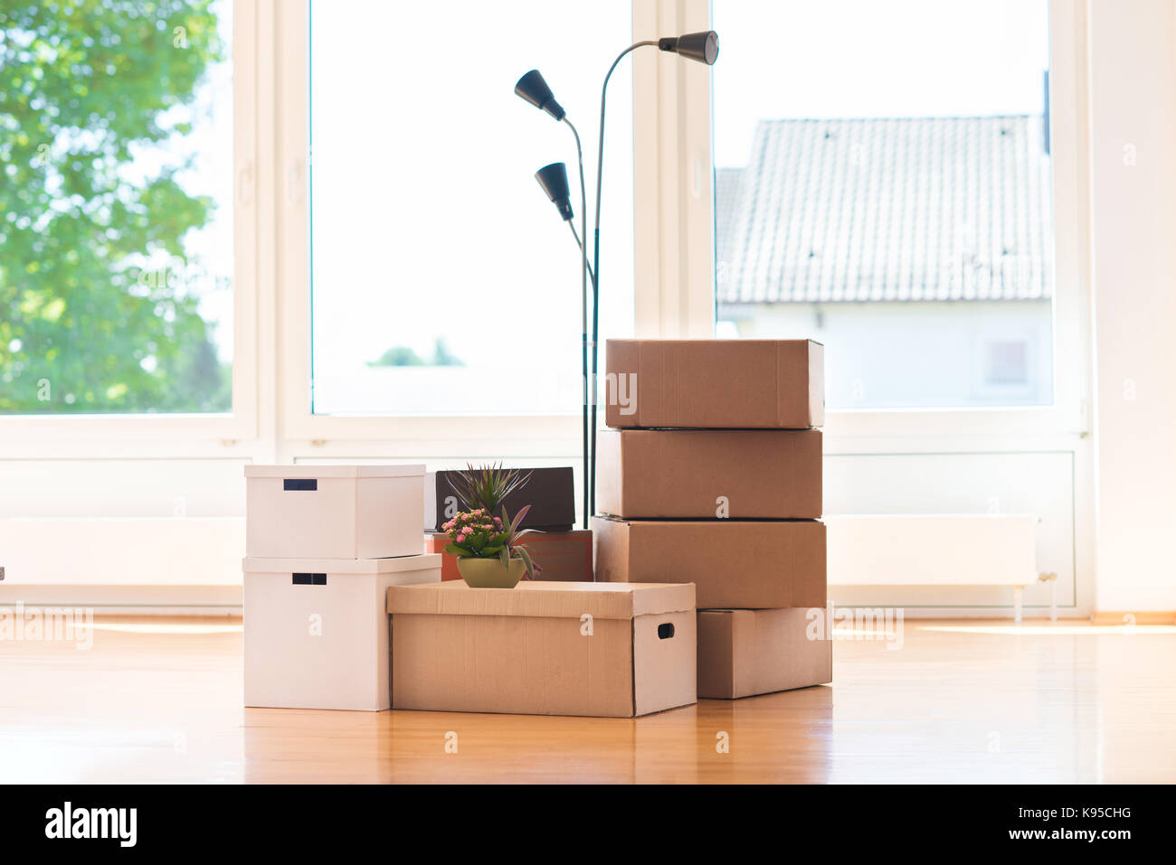 Many cardboard boxes in big bright house during relocation Stock Photo ...