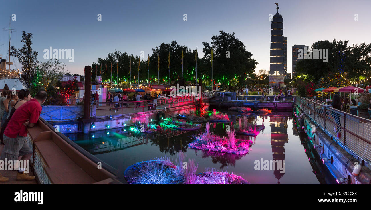Spruce Harbor Park at night with floating gardens , Penns Landing ...