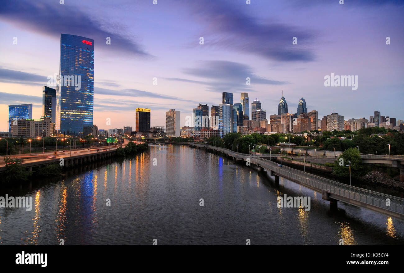 Skyline in summer behind the Schuylkill River Boardwalk at sunset ...