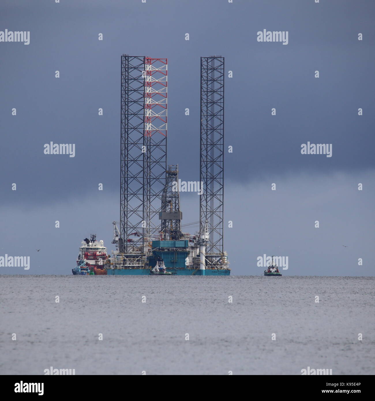 Oil Rig Rowan Stravanger under tow viewed coast of Angus Scotland 16th ...