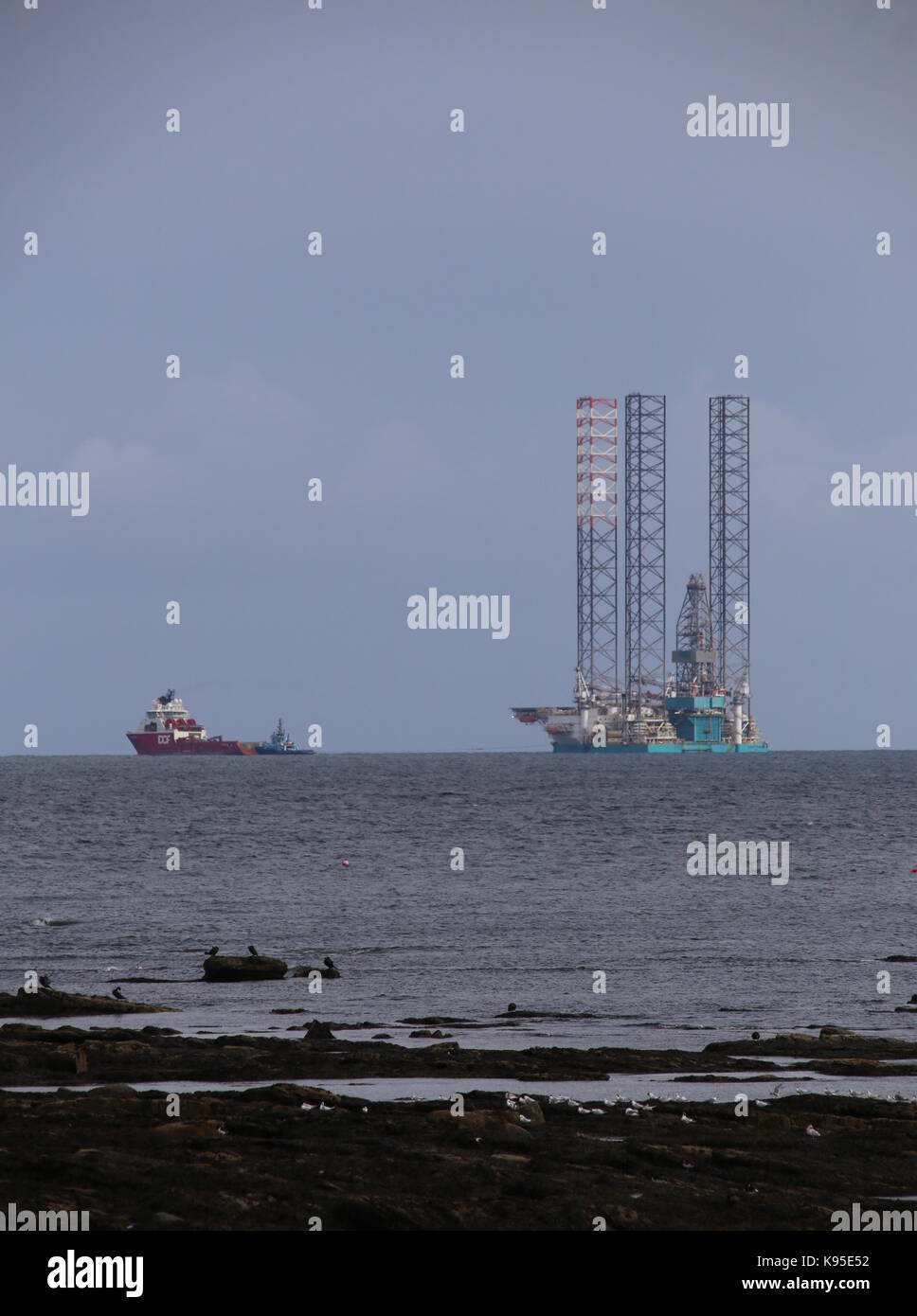 Oil Rig Rowan Stravanger under tow viewed coast of Angus Scotland 16th ...