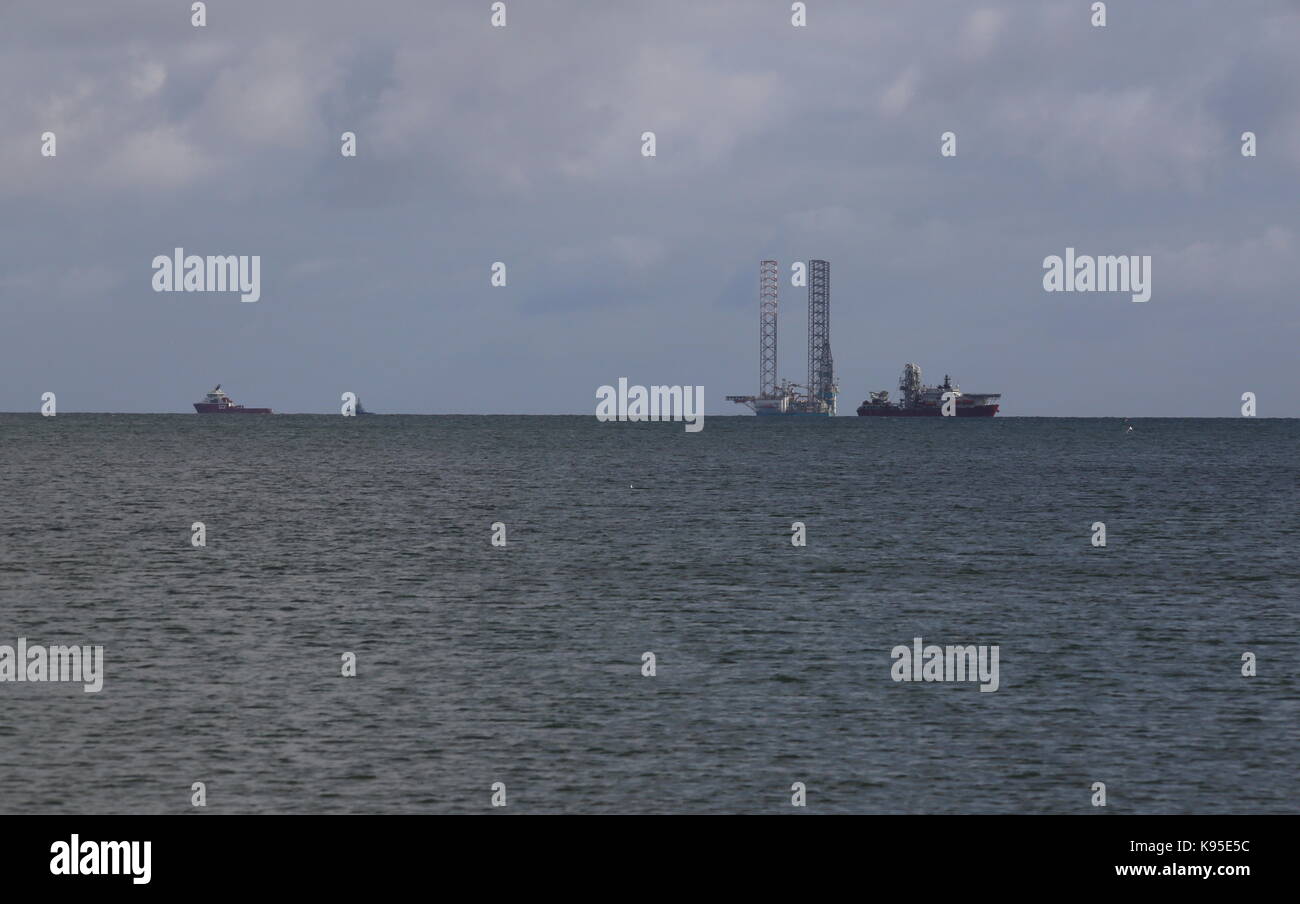 Oil Rig Rowan Stravanger under tow viewed coast of Angus Scotland 16th ...