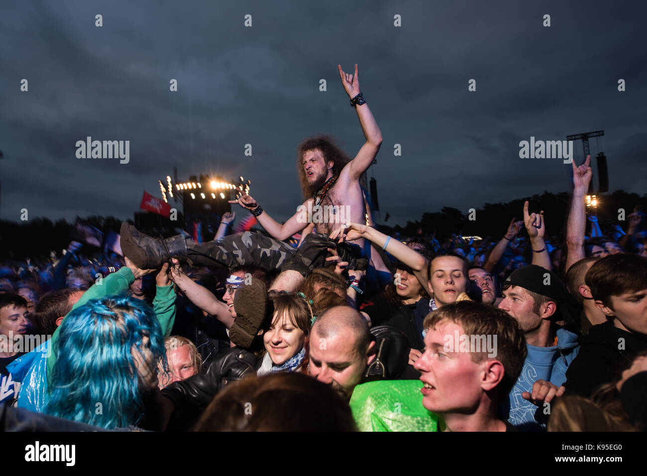 Music fans on front of the main stage of Woodstock Festival Poland ...