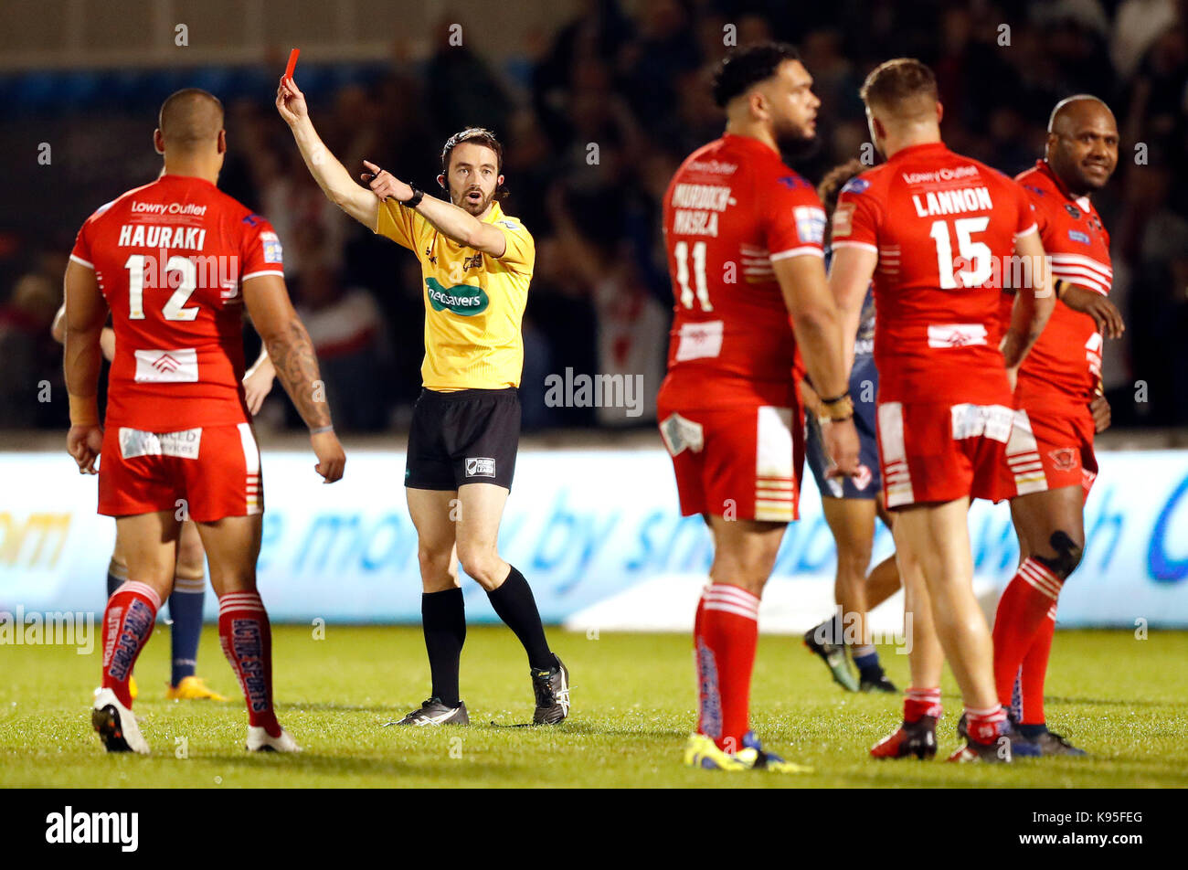 Salford Red Devils' Ryan Lannon (2nd right) is shown the red card by ...