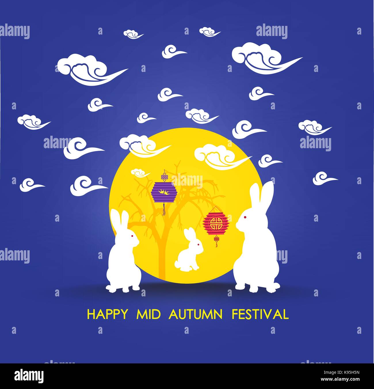 Mid Autumn Lantern Festival. Full moon and rabbit family Stock Vector ...
