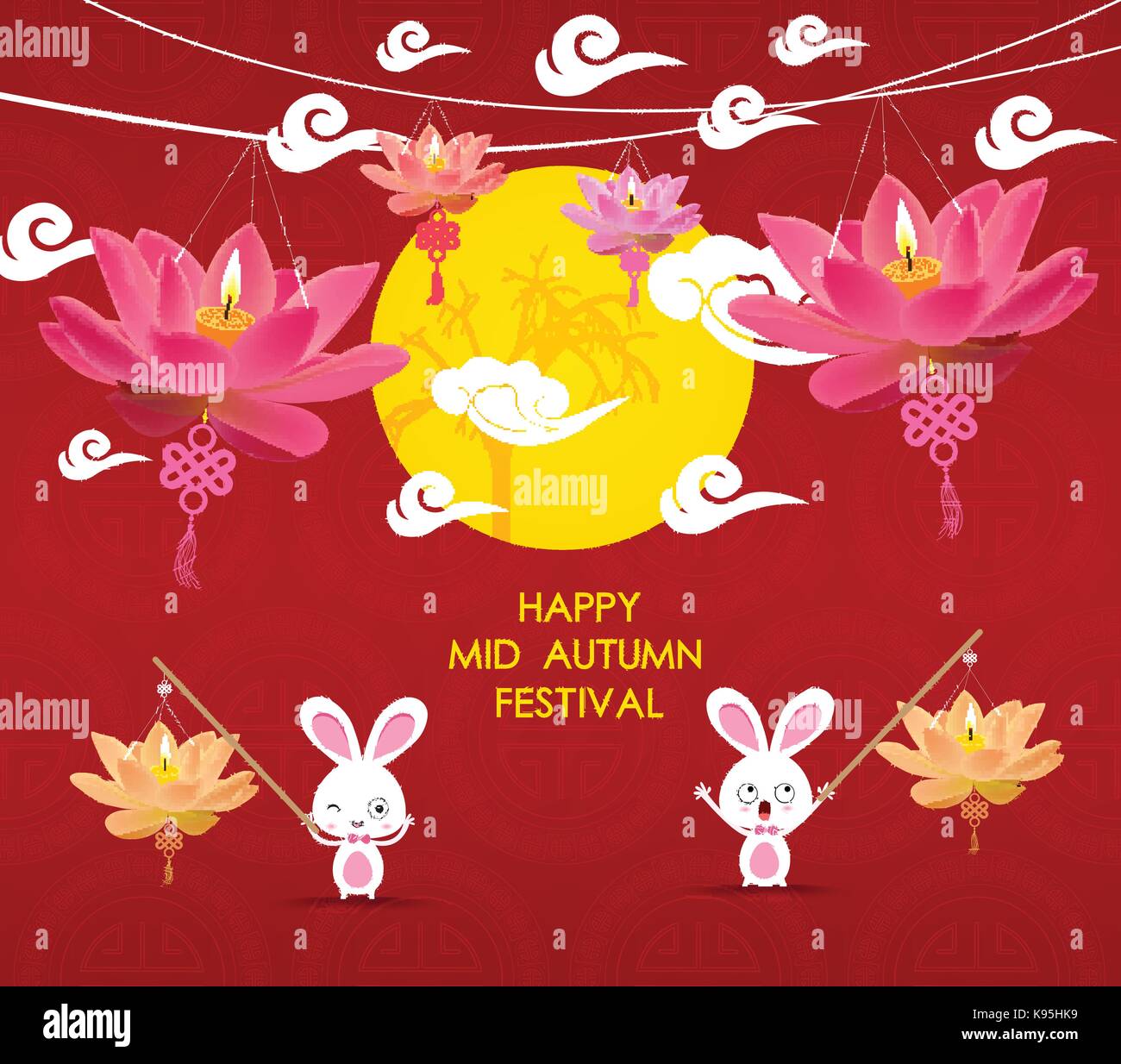 happy Mid Autumn Festival background with rabbit and lotus lanterns ...