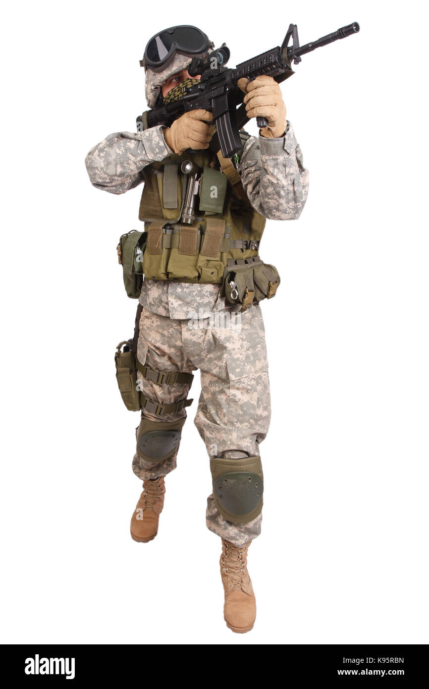 US soldier with rifle on white background Stock Photo - Alamy