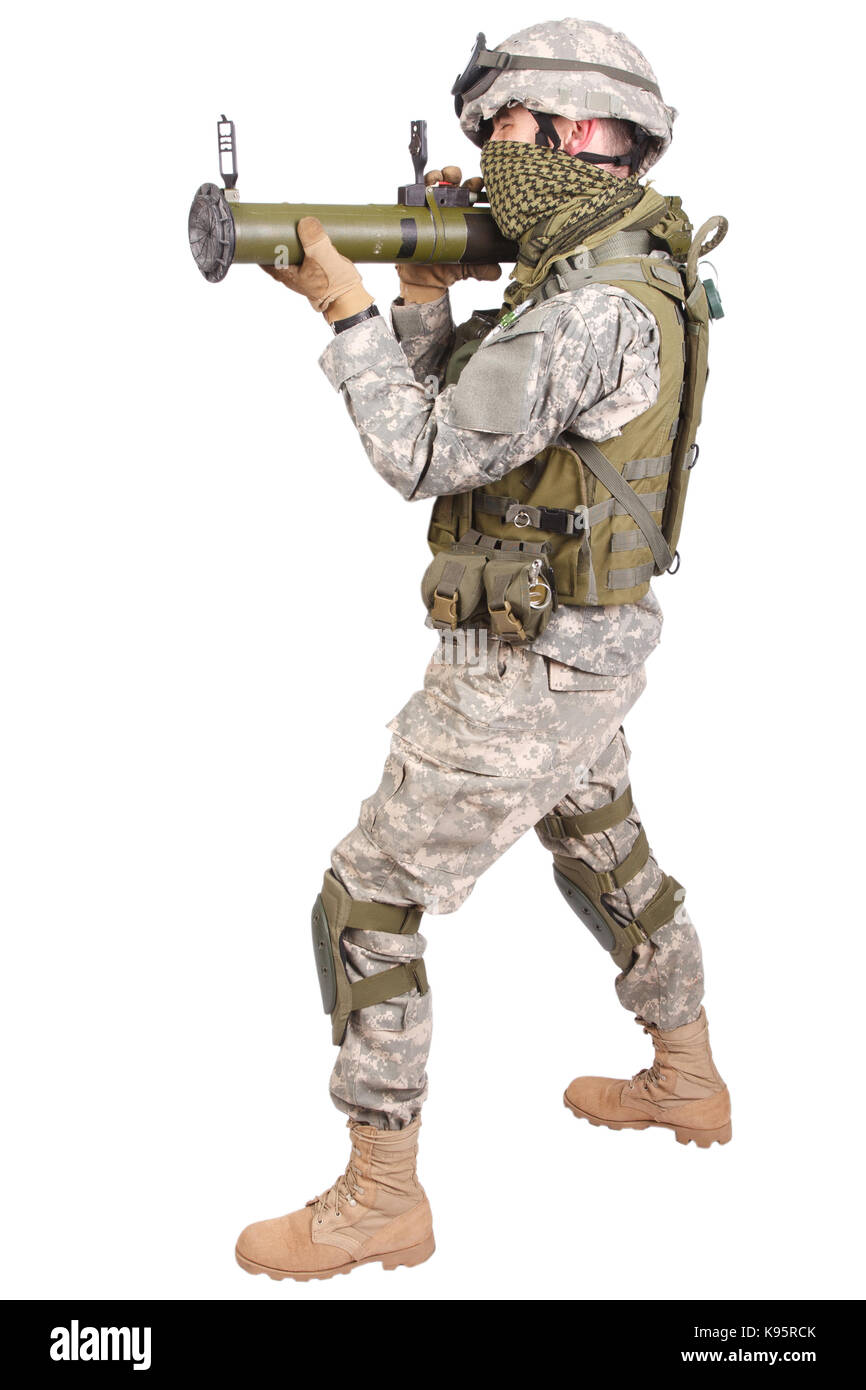 US soldier with anti-tank rocket launcher on white background Stock ...