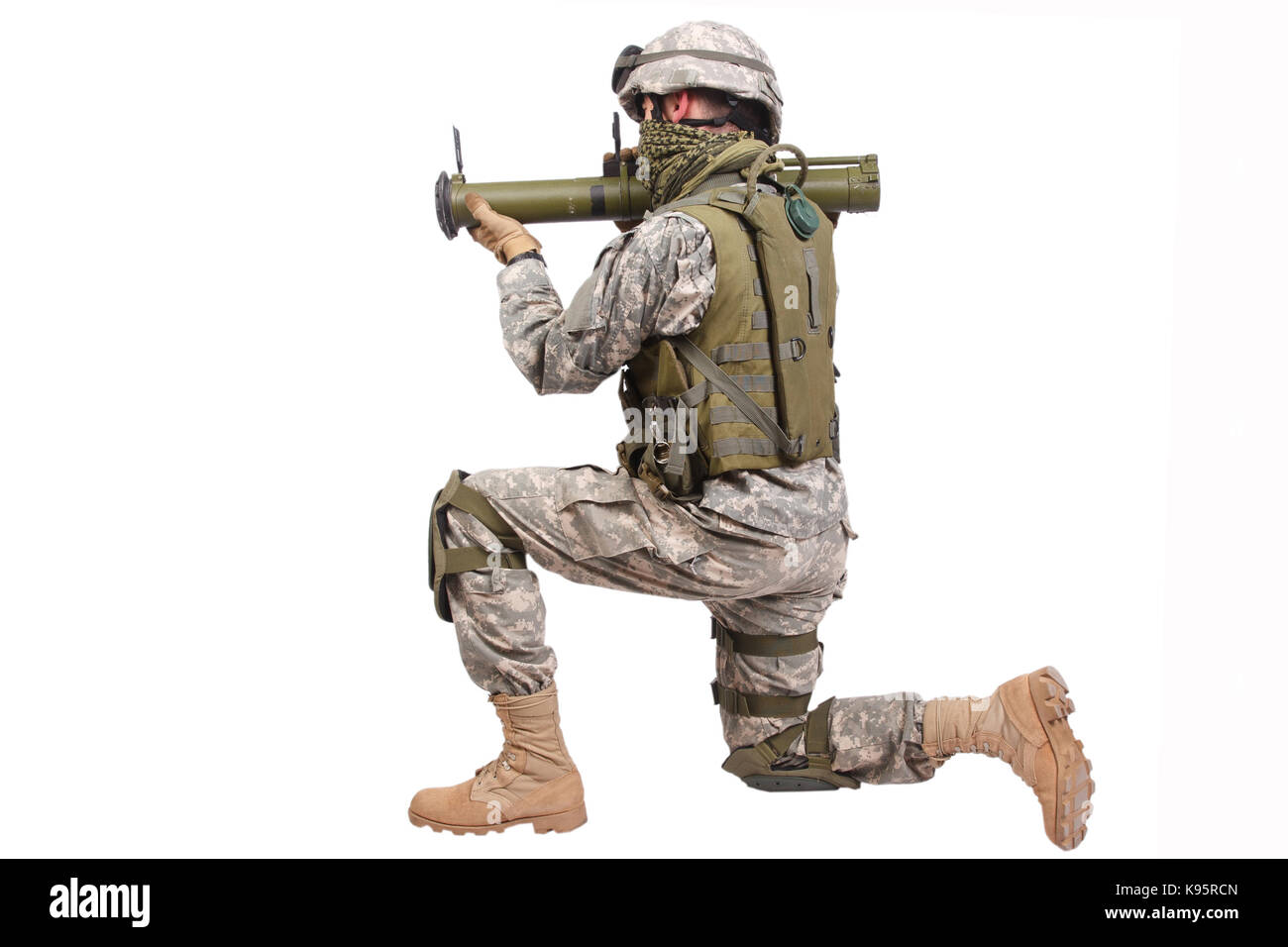 US soldier with anti-tank rocket launcher on white background Stock ...