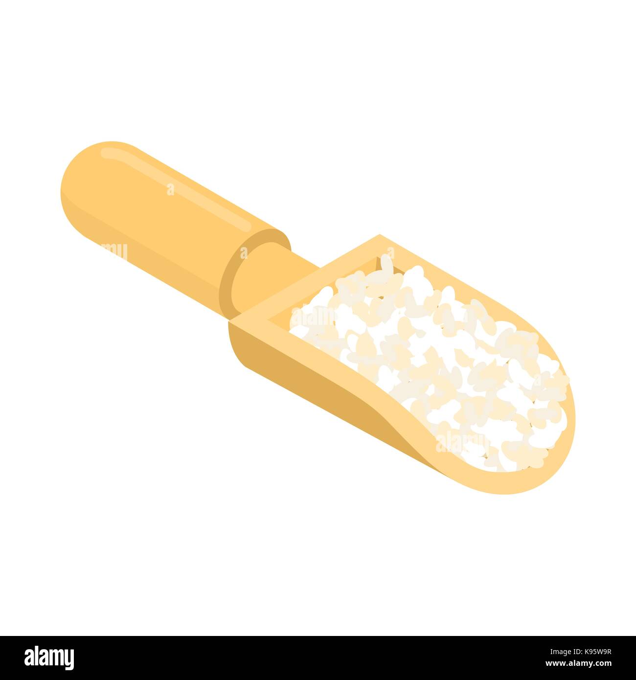 Round rice in wooden scoop isolated. Groats in wood shovel. Grain on ...