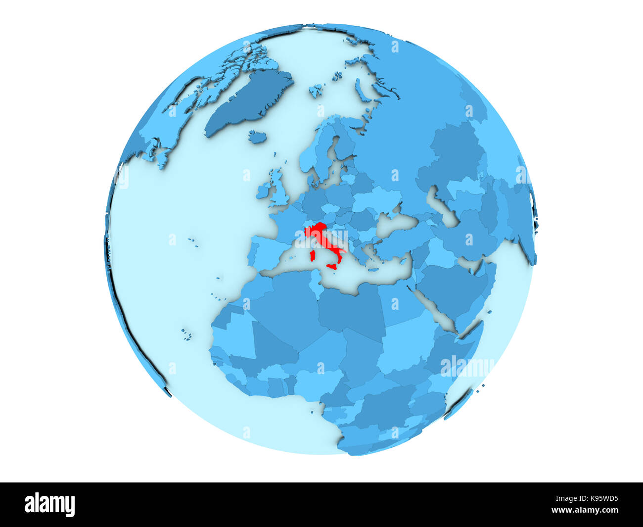 Italy highlighted in red on blue political globe. 3D illustration ...