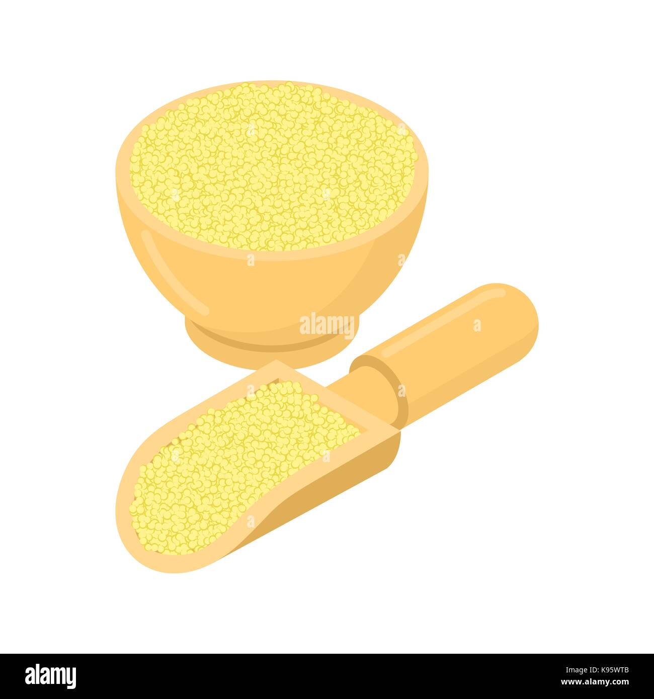 Cuscus in wooden bowl and spoon. Groats in wood dish and shovel. Grain ...