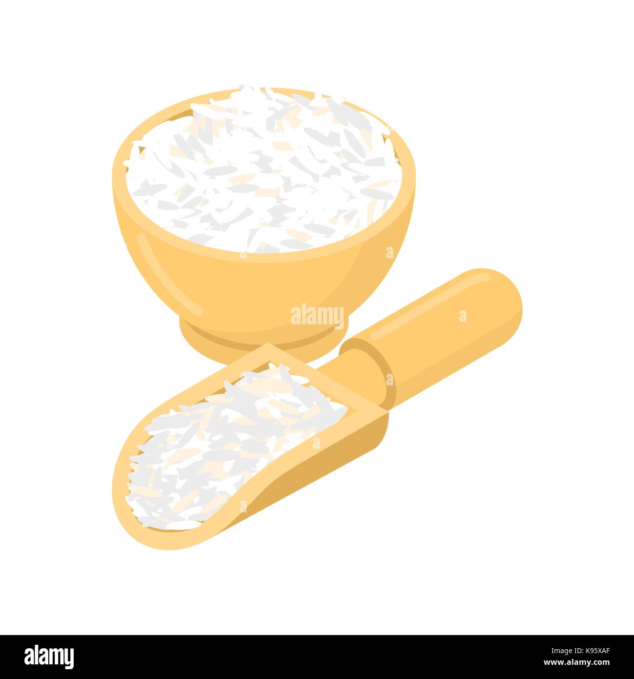 Basmati rice in wooden bowl and spoon. Groats in wood dish and shovel ...