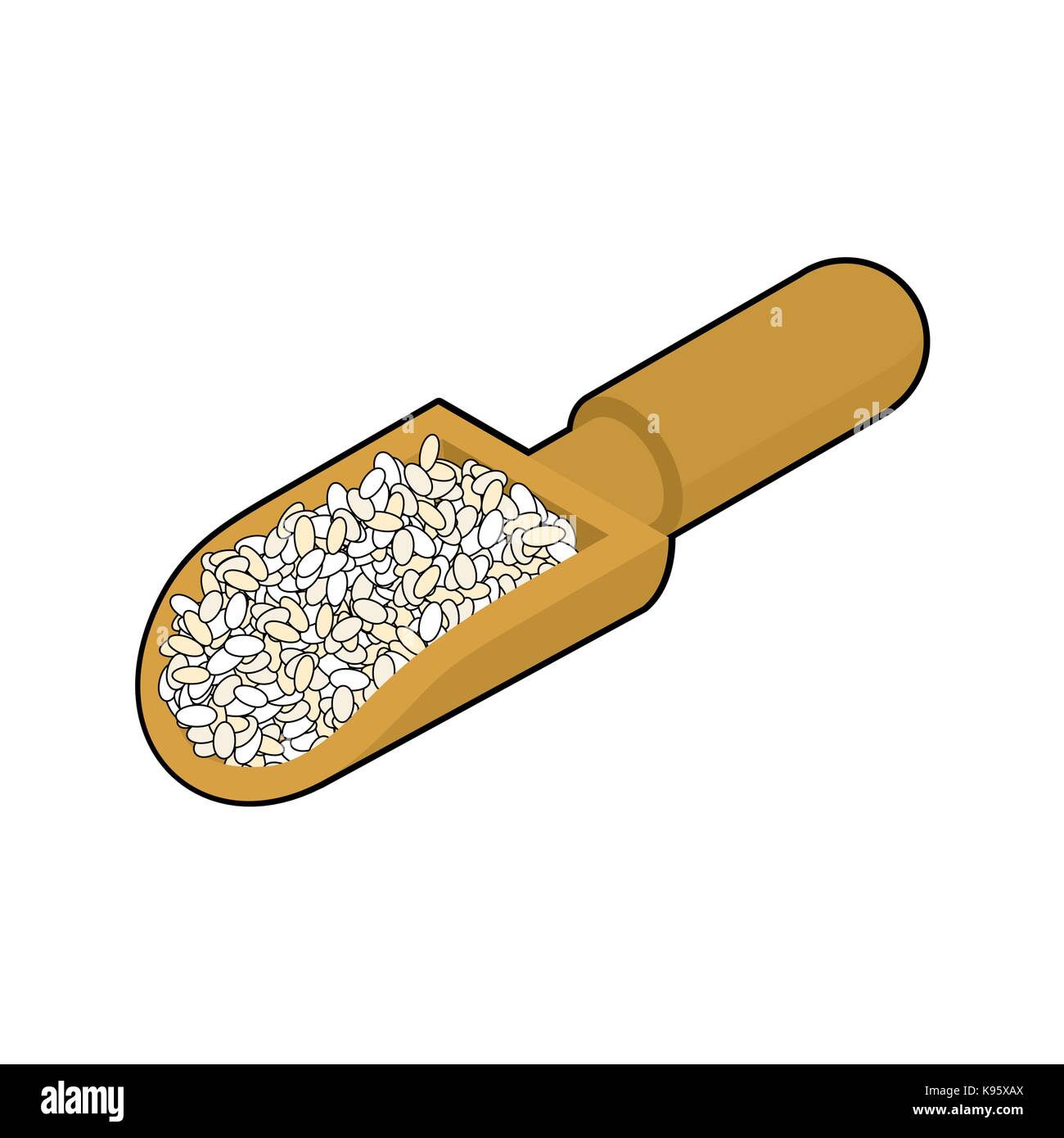 Round rice in wooden scoop isolated. Groats in wood shovel. Grain on ...