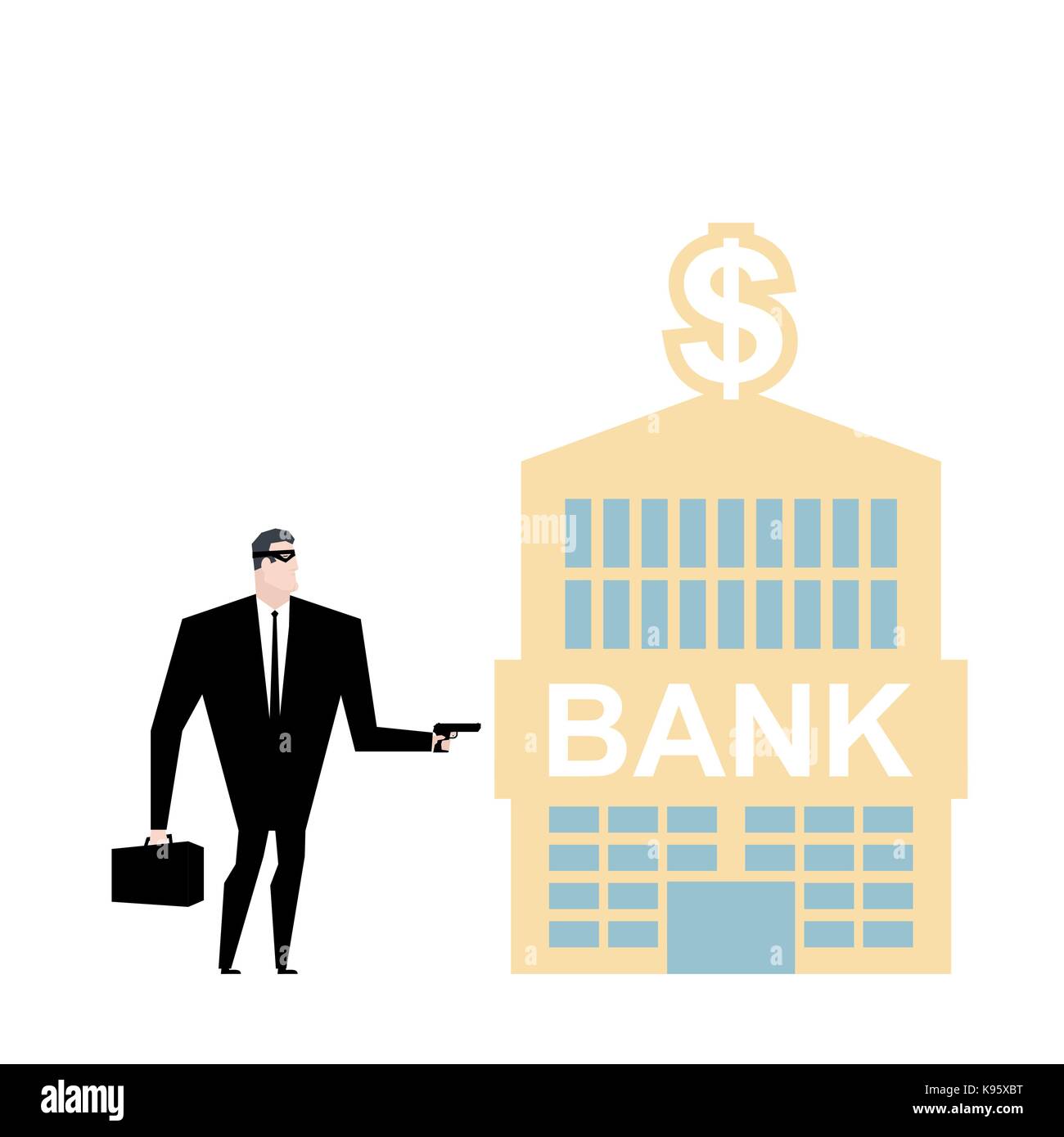 Bank robbery. Robber and bank building. Pistol and mask of mugger ...