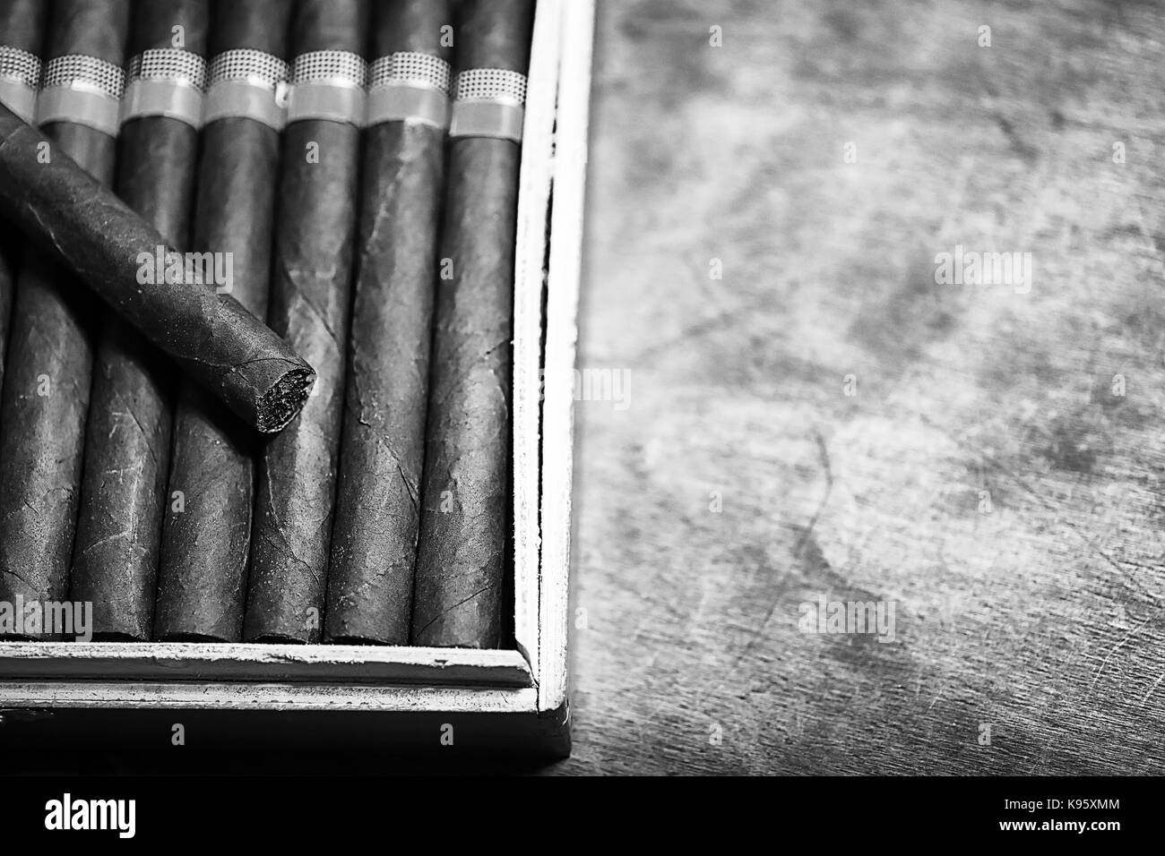 monochrome photo of large wooden box of cigars handmade Cuban Stock ...