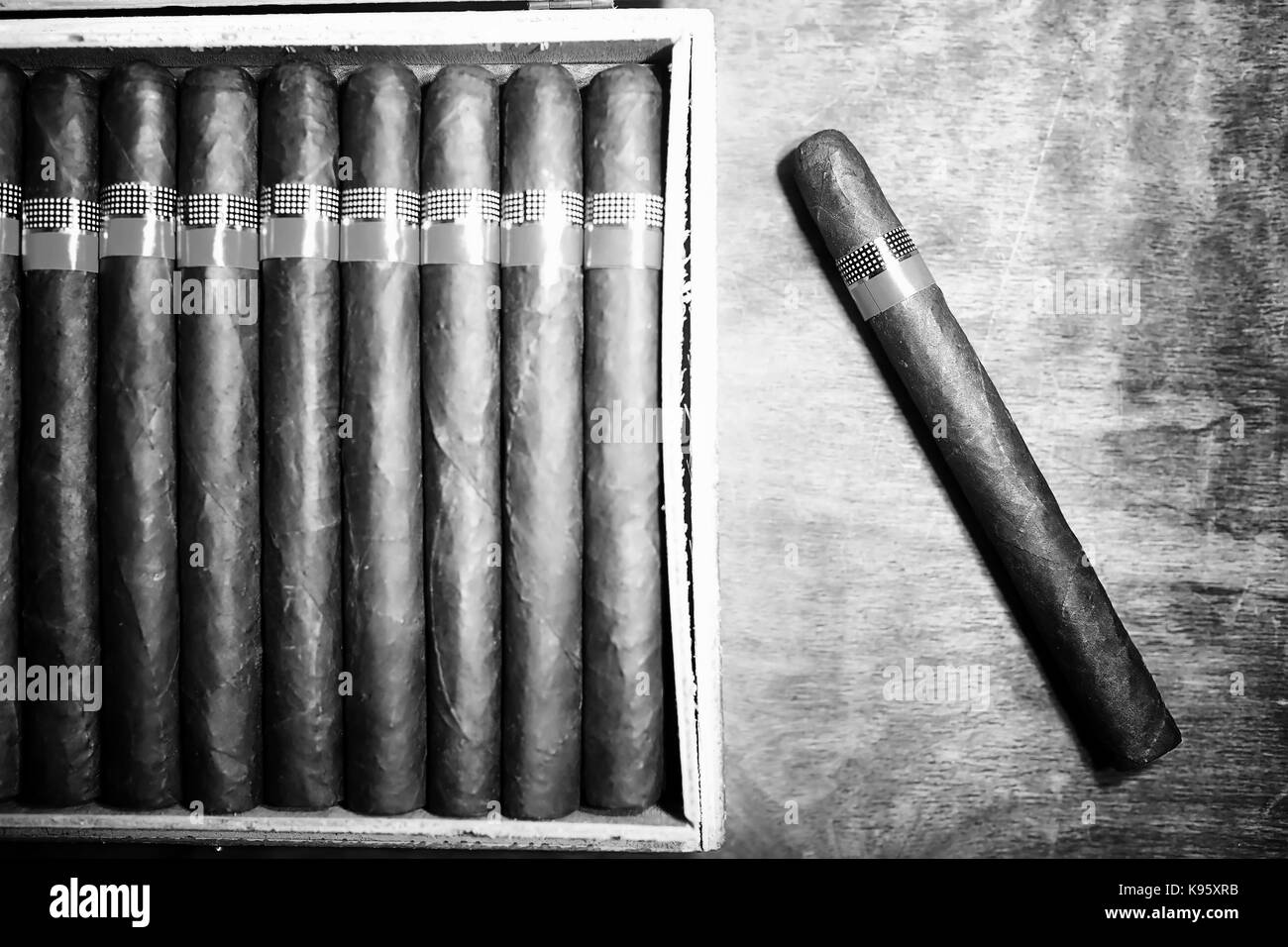 Retro styled photo of large box of Cuban cigars on a wooden tabl Stock ...