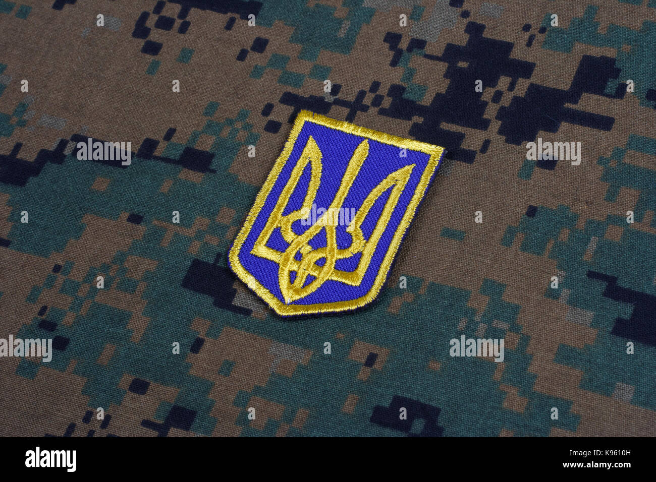 KYIV, UKRAINE - July, 16, 2015. Ukraine Army uniform badge - trident ...