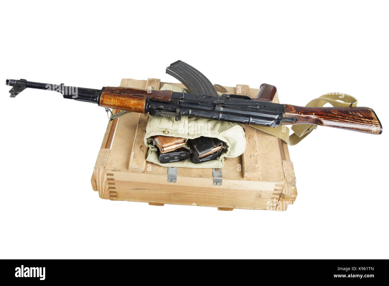 wooden box of ammunition with AK 47 rifle and ammunition isolated Stock ...