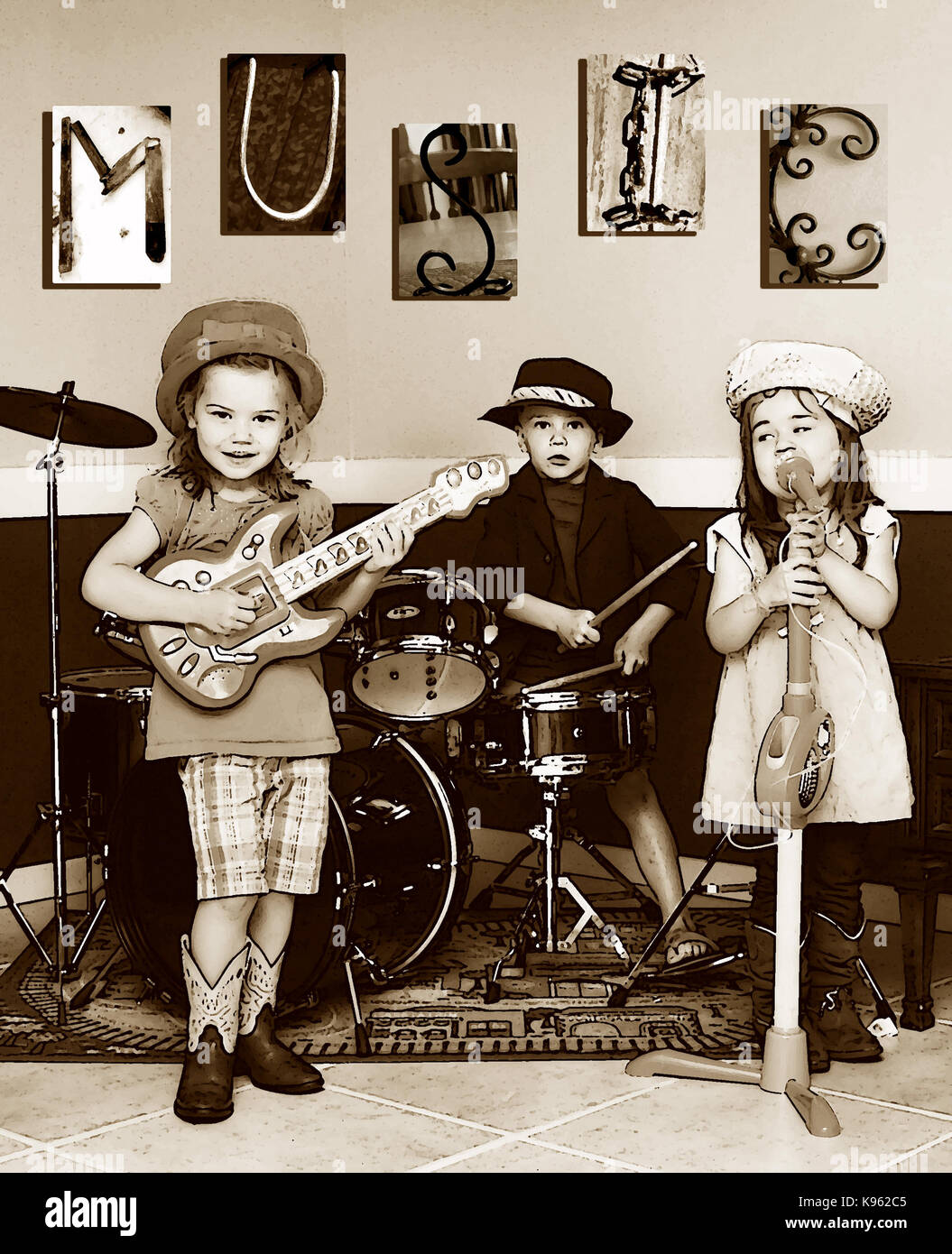 Three siblings pretend to be a music band. They are playing instruments ...