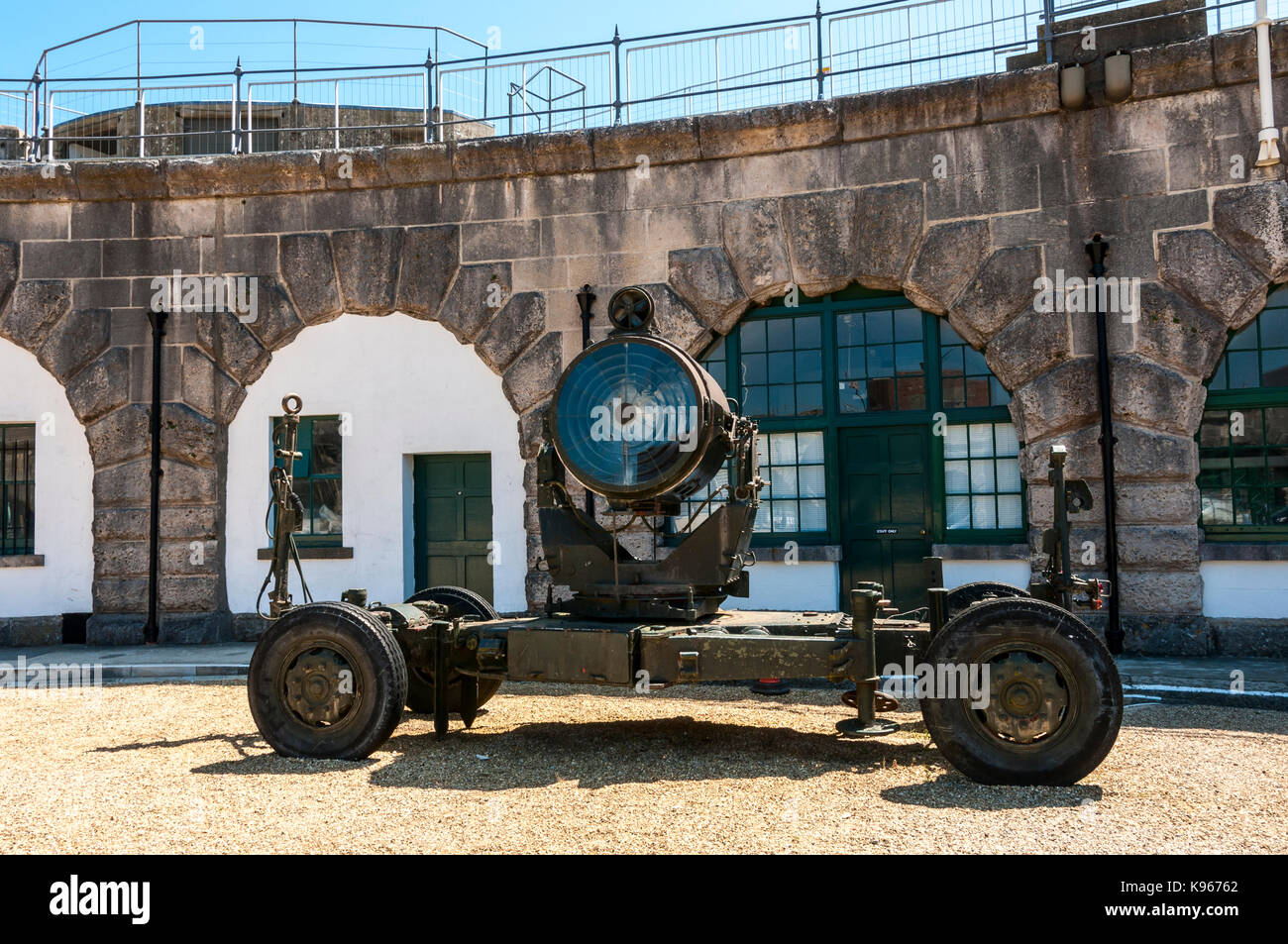 An old world war two anti-aircraft searchlight mounted on a turntable ...