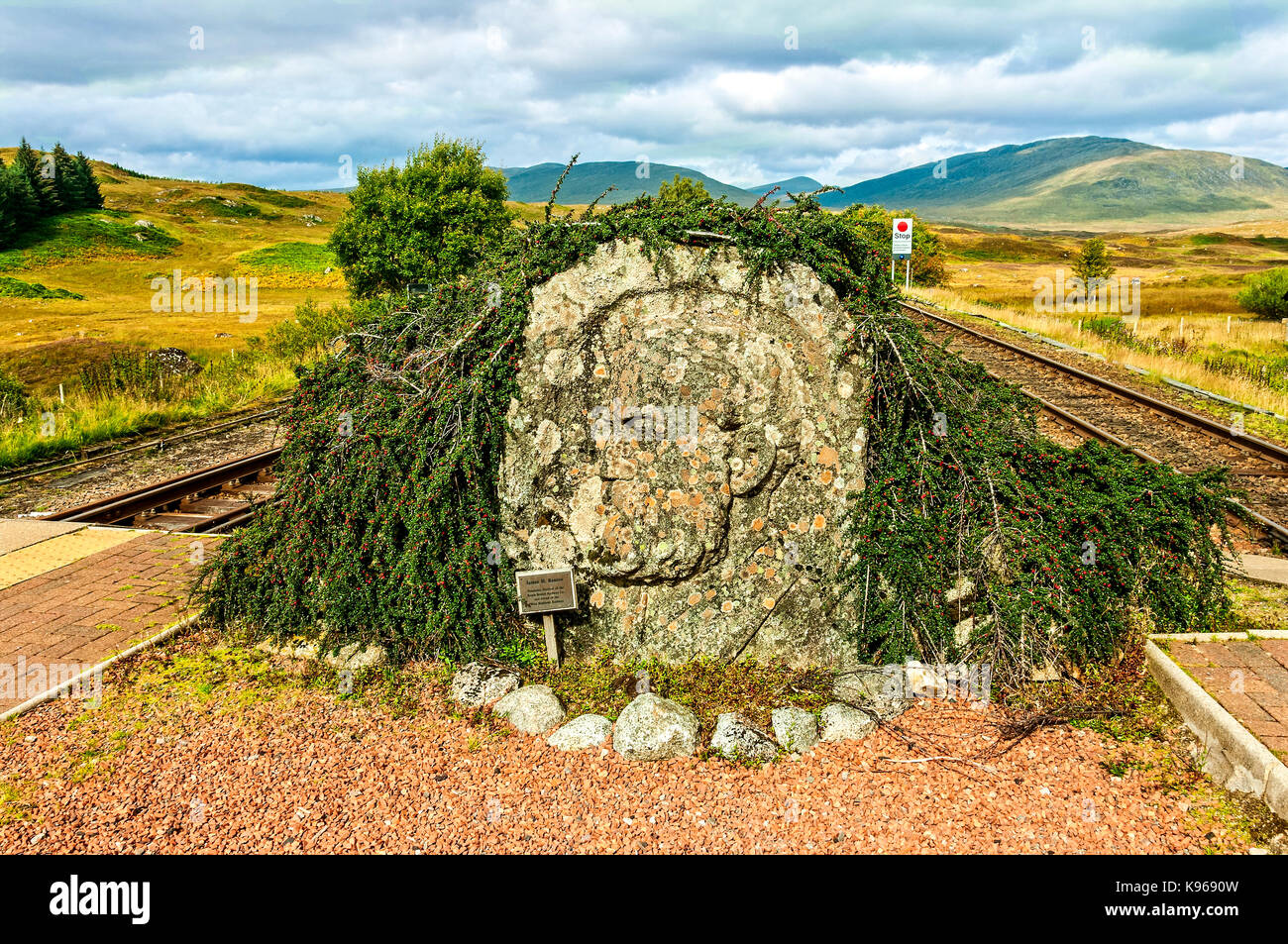 A sculptured head, carved in stone by workmen to commemorate James ...