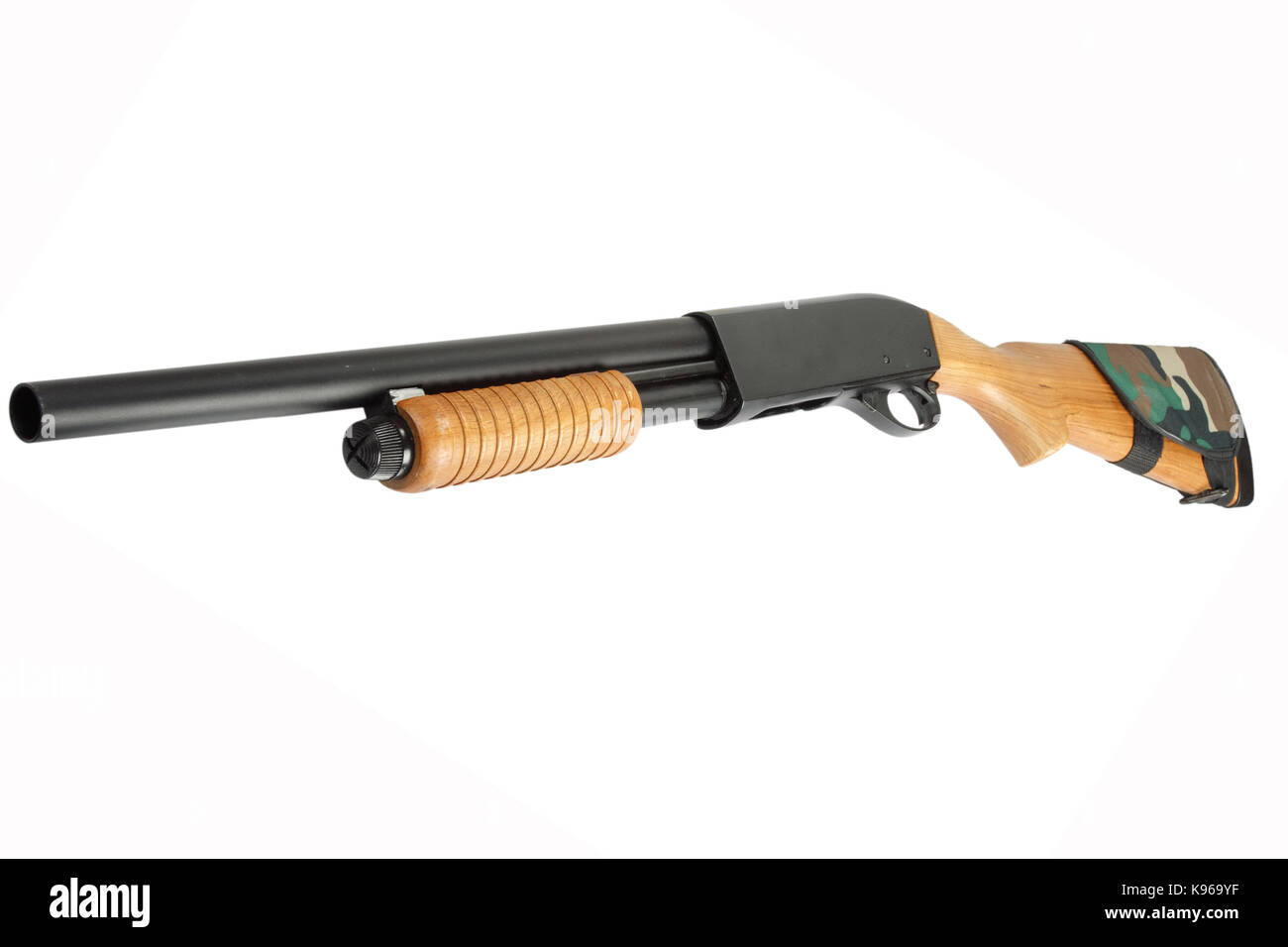 pump action shotgun with butt stock ammo holder isolated on white Stock ...