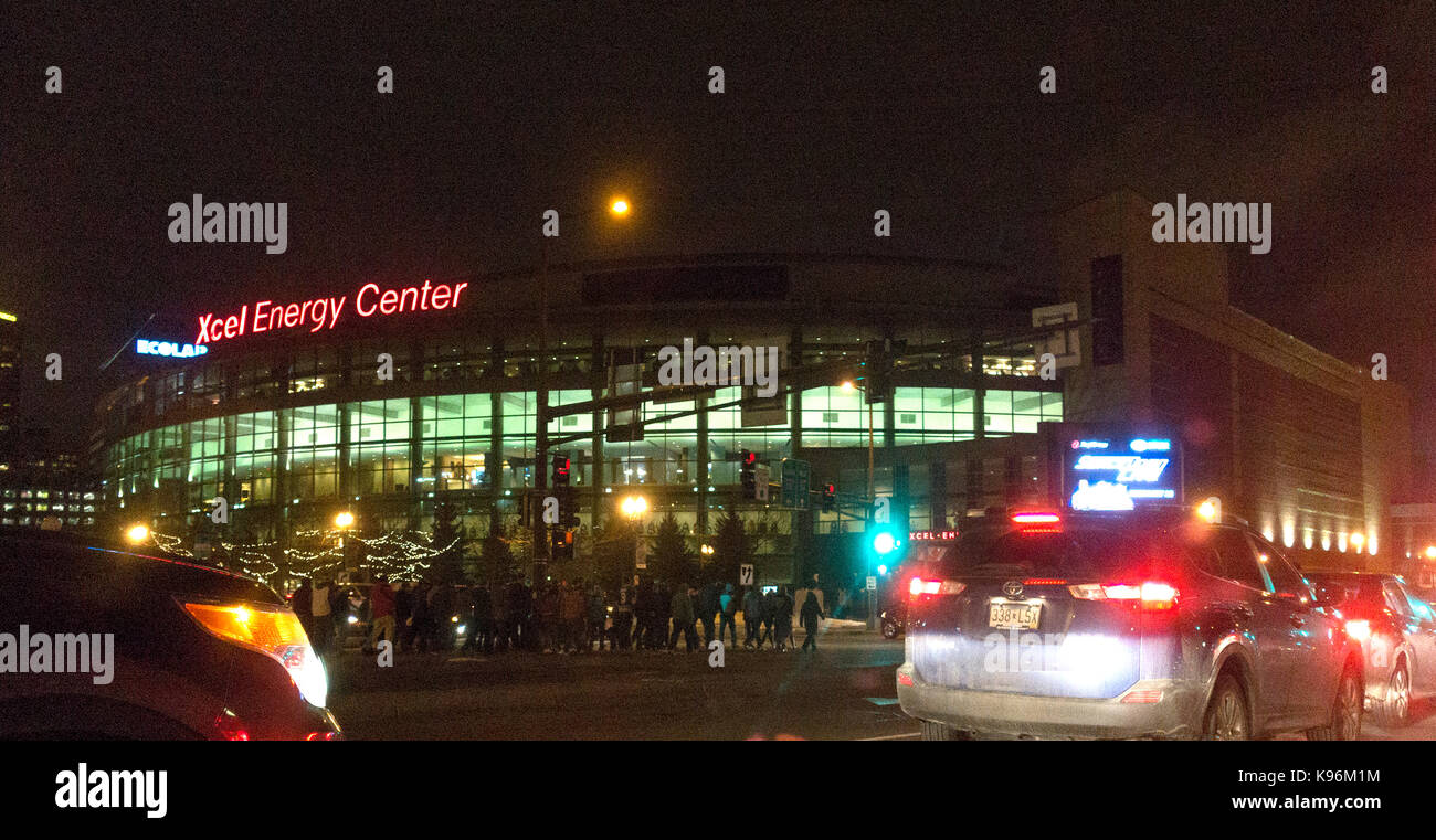 Evening view of the Excel Energy Center as fans file in for a hockey ...