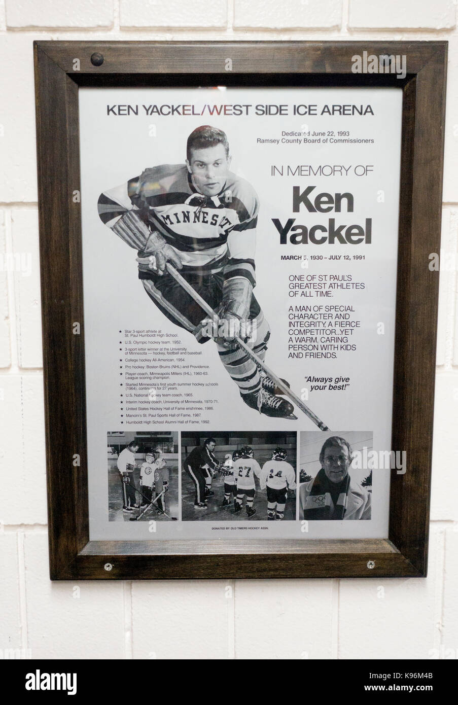 Plaque and photograph describing the Ken Yackel West Side Ice Arena ...