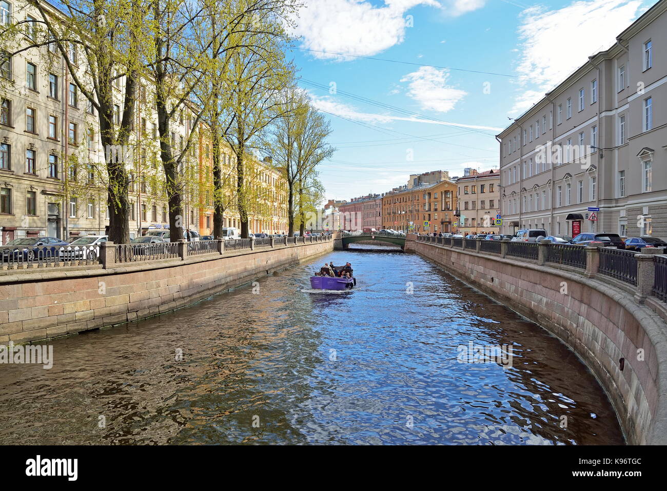 Lilac boat sails on the Canal in the spring in Saint-Petersburg Stock ...
