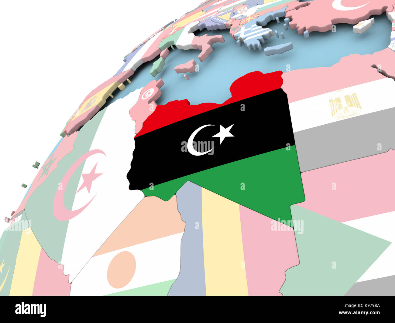 Map of Libya on political globe with embedded flag. 3D illustration ...