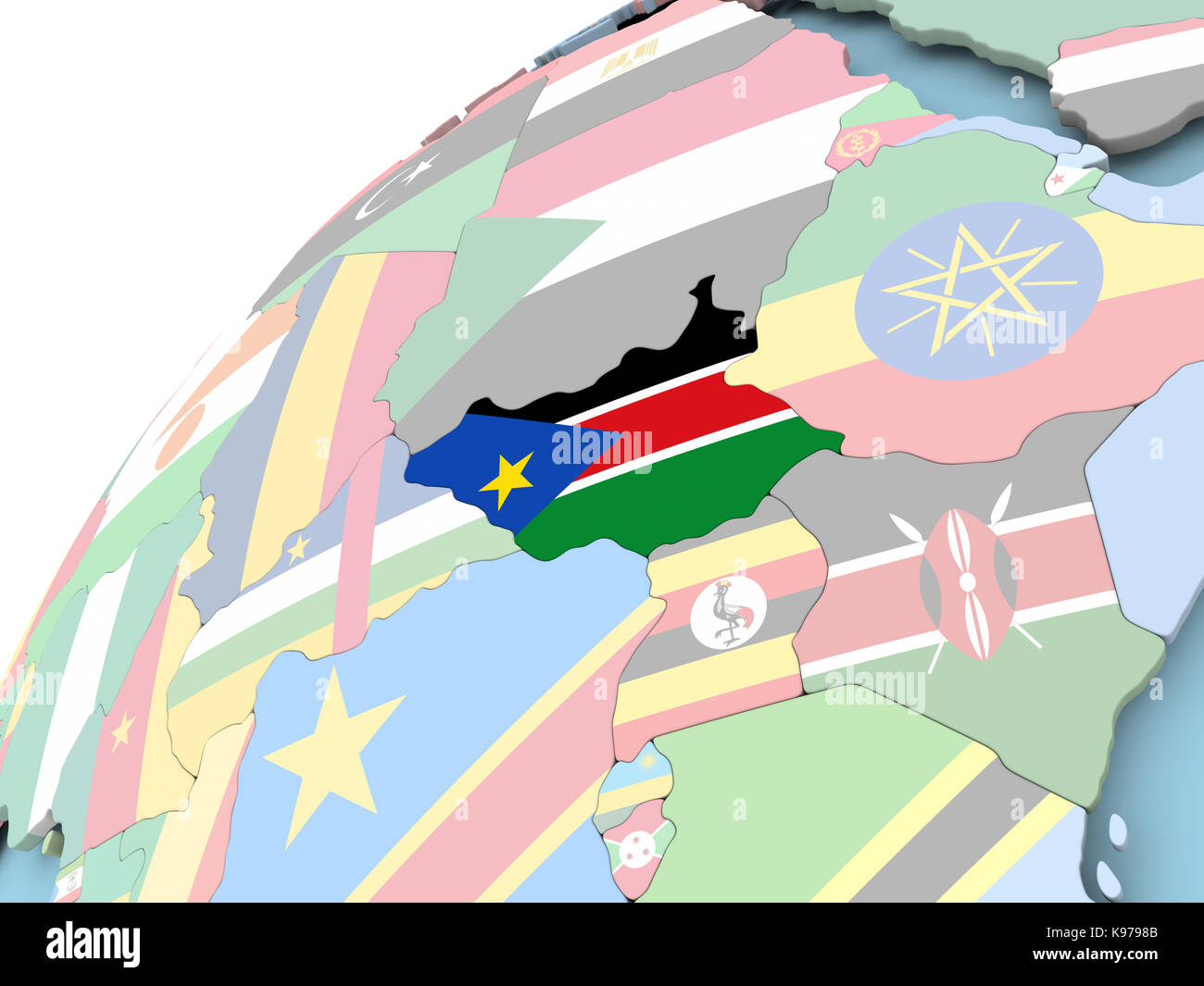 Map of South Sudan on political globe with embedded flag. 3D ...