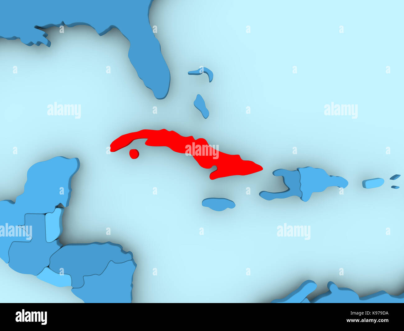 Cuba in red on blue political map. 3D illustration Stock Photo - Alamy