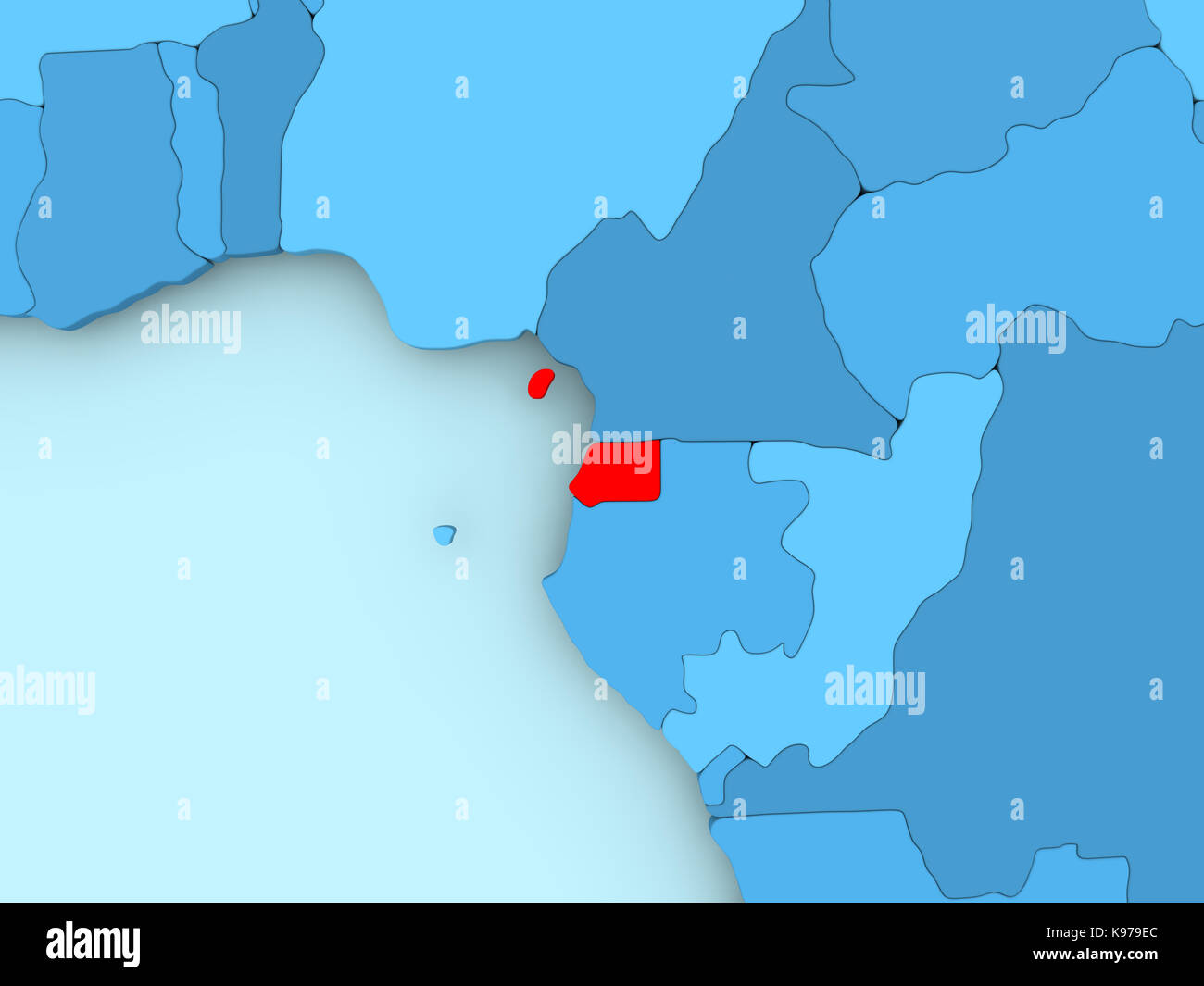 Equatorial Guinea in red on blue political map. 3D illustration Stock ...