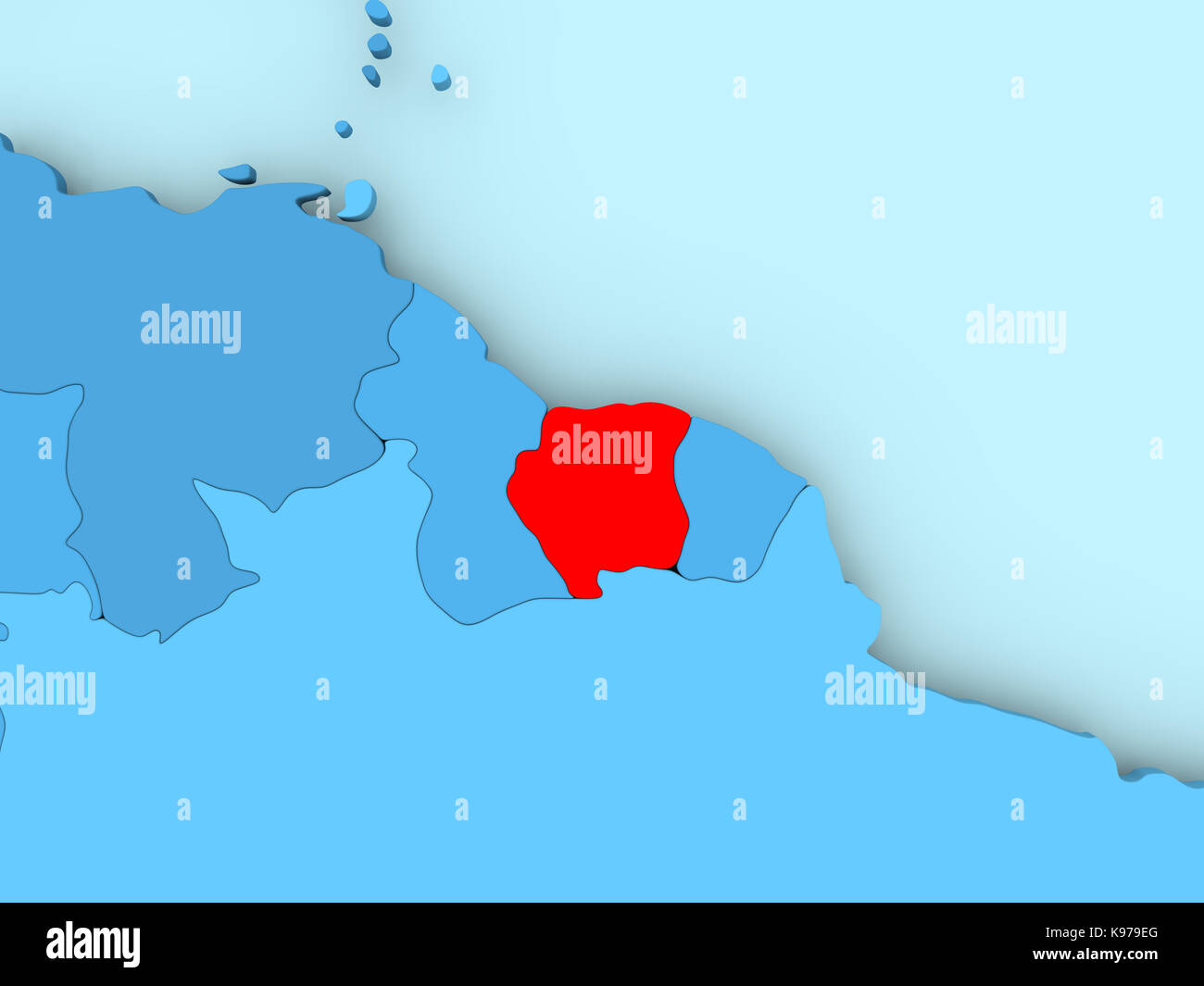 Suriname in red on blue political map. 3D illustration Stock Photo - Alamy