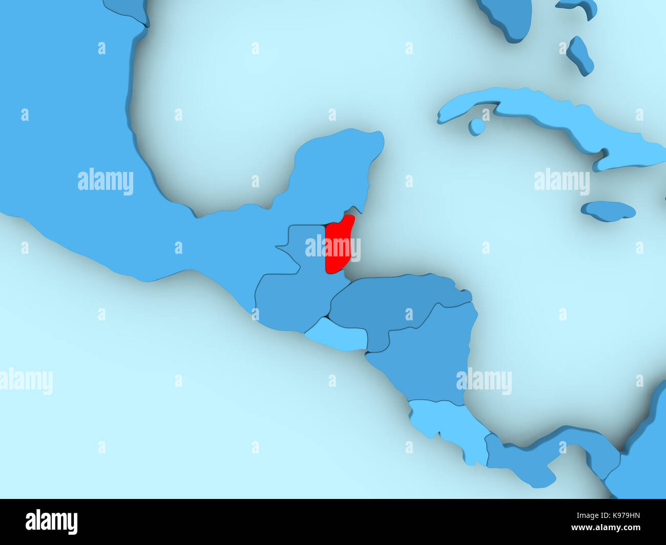 Belize in red on blue political map. 3D illustration Stock Photo - Alamy