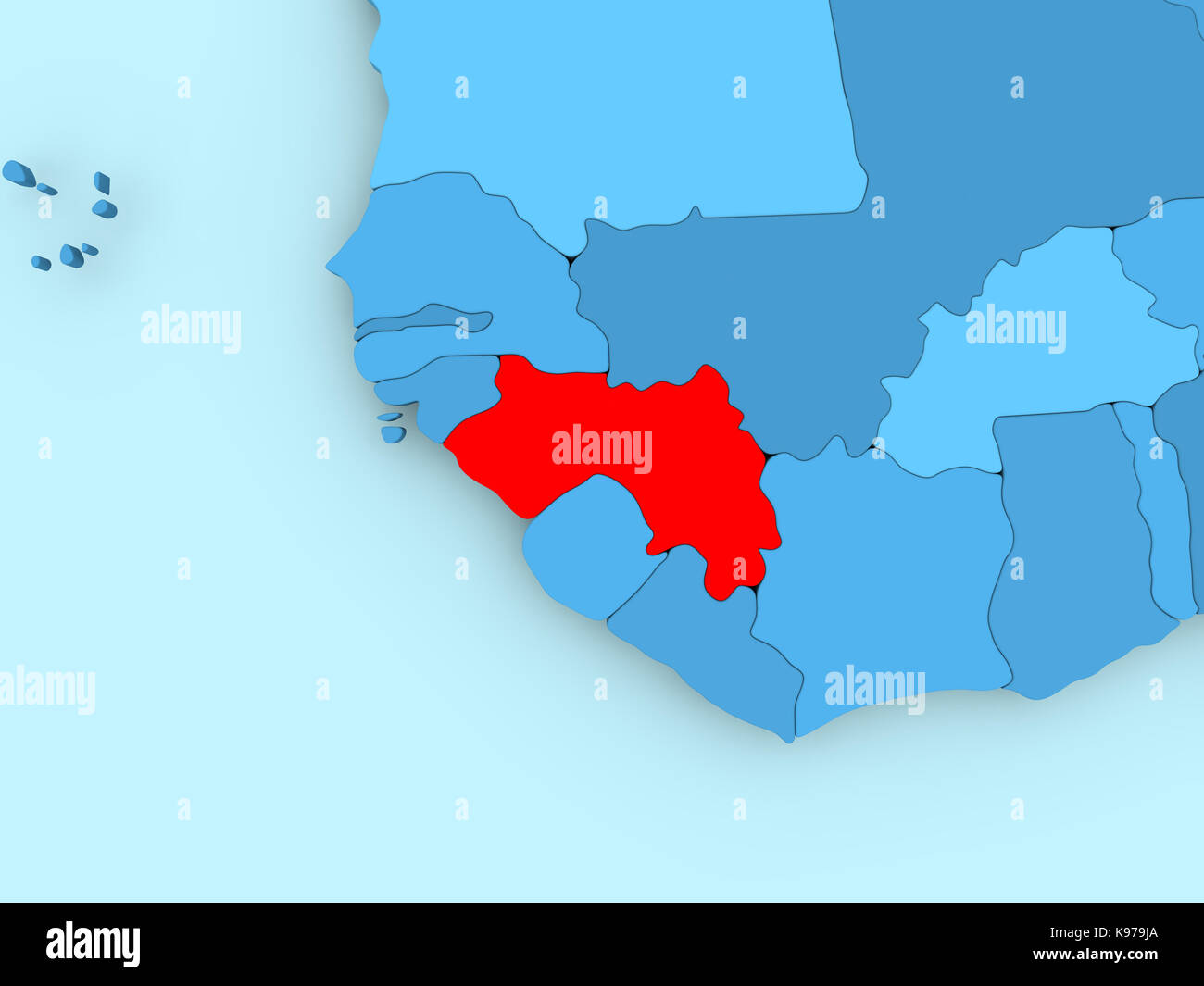 Guinea in red on blue political map. 3D illustration Stock Photo - Alamy