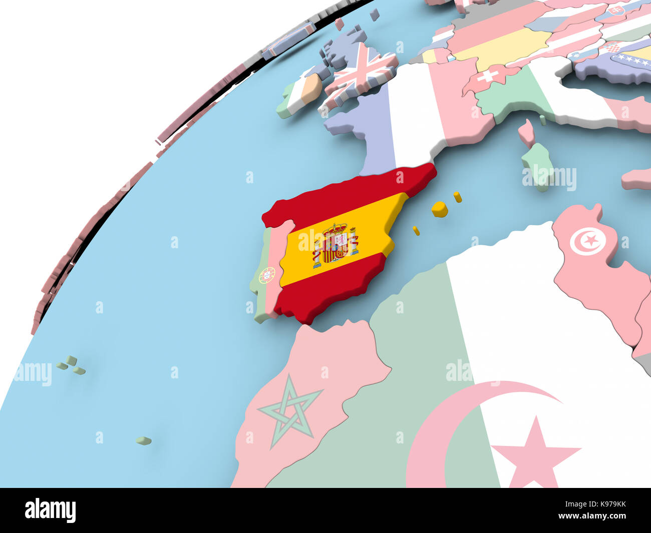 Map of Spain on political globe with embedded flag. 3D illustration ...