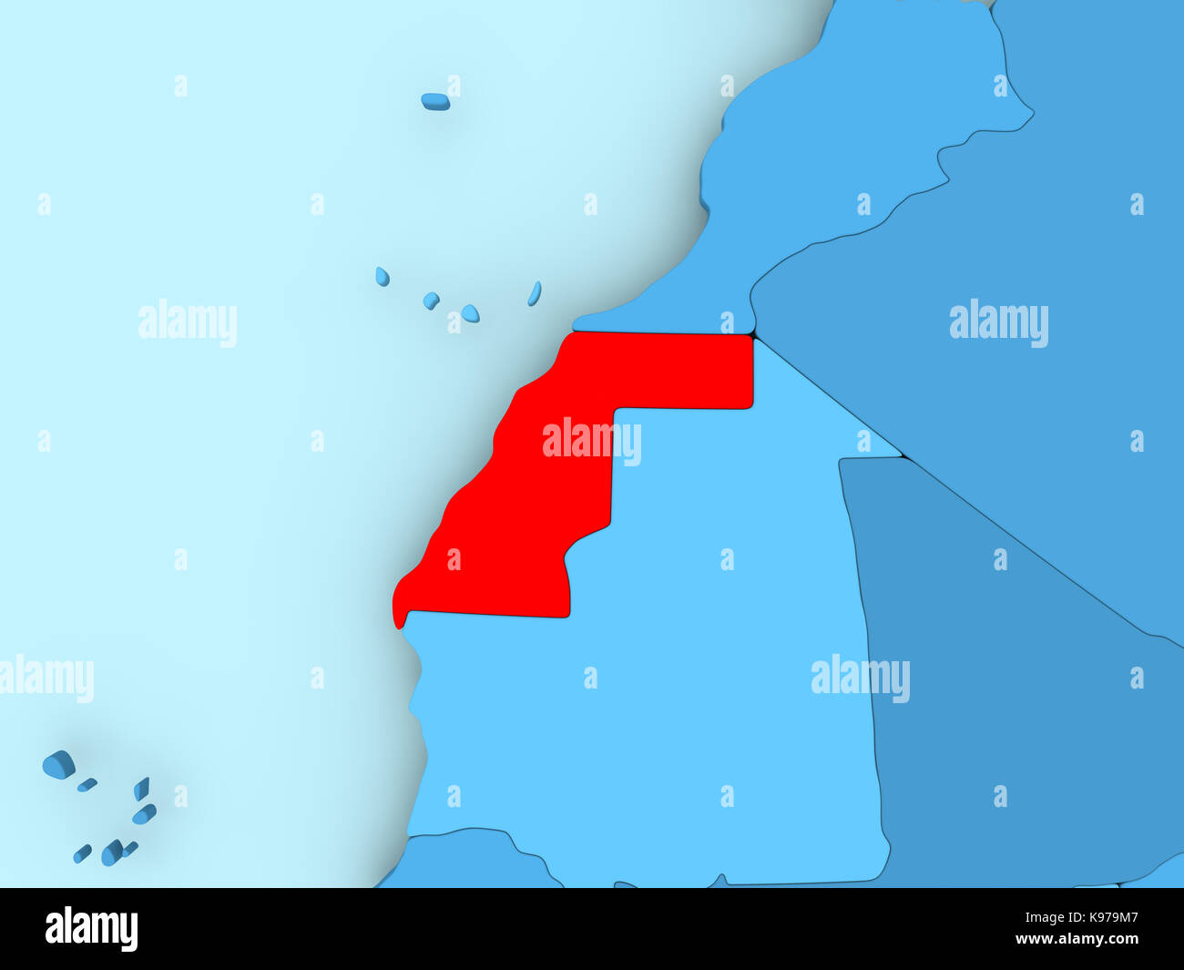 Western Sahara in red on blue political map. 3D illustration Stock ...