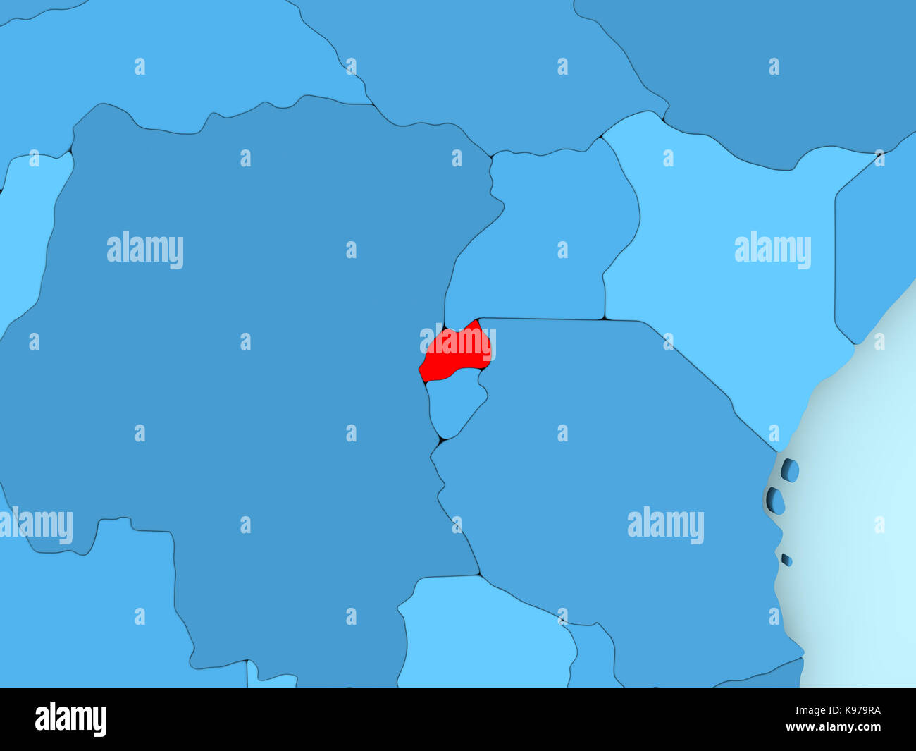 Rwanda in red on blue political map. 3D illustration Stock Photo - Alamy