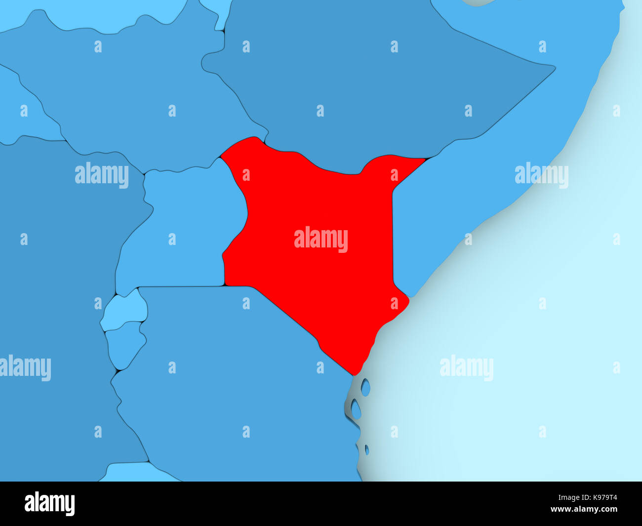 Kenya in red on blue political map. 3D illustration Stock Photo - Alamy