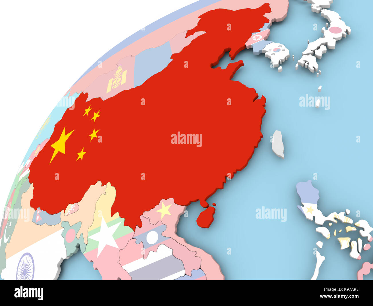 Map of China on political globe with embedded flag. 3D illustration ...