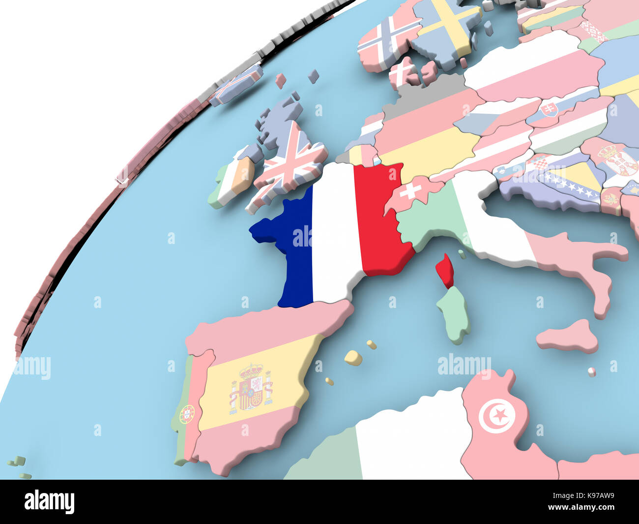 Map of France on political globe with embedded flag. 3D illustration ...